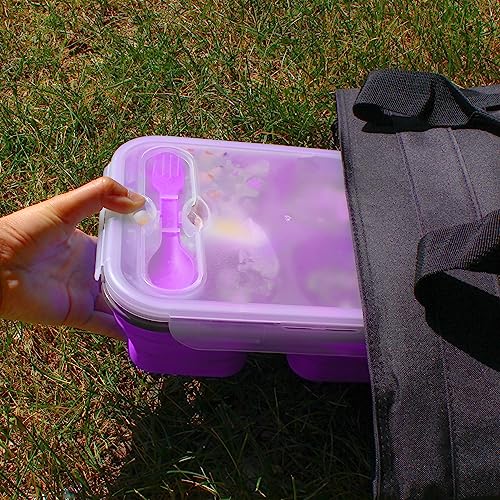 Creekview Home Emporium Collapsible Food Container - Purple Bento Lunch Box with 3 Compartments and Silverware in Lid