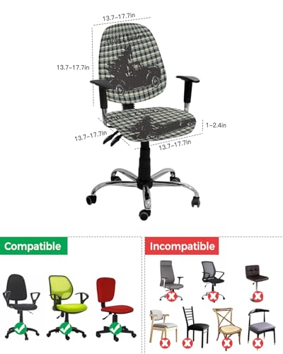Christmas Truck Office Chair Cover Stretchable Computer Chair Seat Cover Backrest Slipcovers, Stretchable Rotating Desk Chair Seat Cushion Split Protectors Xmas Tree Snowflake Blackish Green Plaid