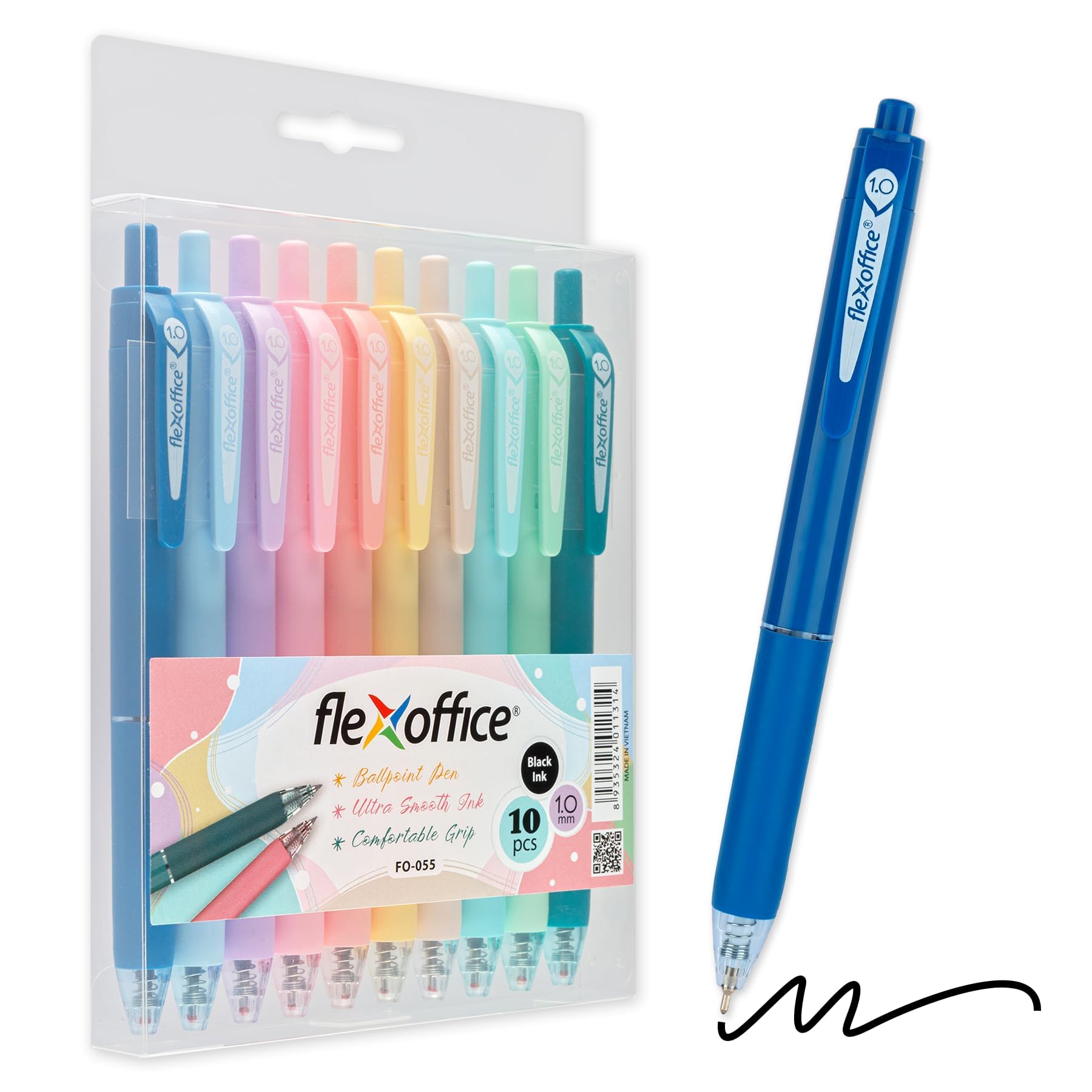 FLEXOFFICE Retractable Ballpoint Pens Black Ink 1.0mm, Bold Point with Super Soft Grip, Christmas Multicolor Pens Gifts - 10 Pack