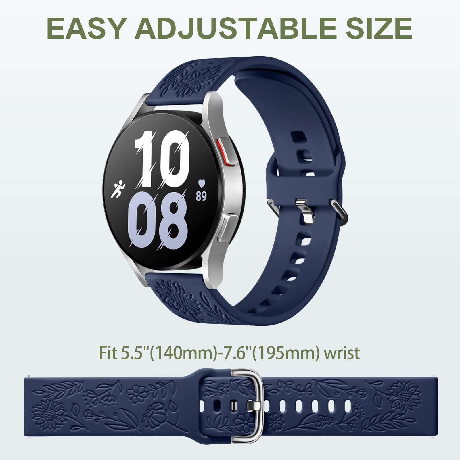 SNBLK Galaxy Watch 5 Band, 40mm-44mm, Soft Silicone, Flower Design, Navy Blue