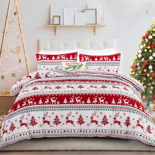 Luxudecor Christmas Duvet Cover Set Queen Size Deer Snowflake Christmas Tree Duvet Cover Soft Microfiber Bedding Set with Pillowcase for Christmas New Year (3pcs, 90"x90")
