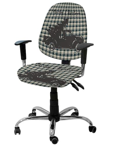 Christmas Truck Office Chair Cover Stretchable Computer Chair Seat Cover Backrest Slipcovers, Stretchable Rotating Desk Chair Seat Cushion Split Protectors Xmas Tree Snowflake Blackish Green Plaid