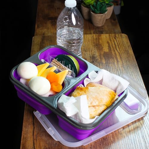Creekview Home Emporium Collapsible Food Container - Purple Bento Lunch Box with 3 Compartments and Silverware in Lid