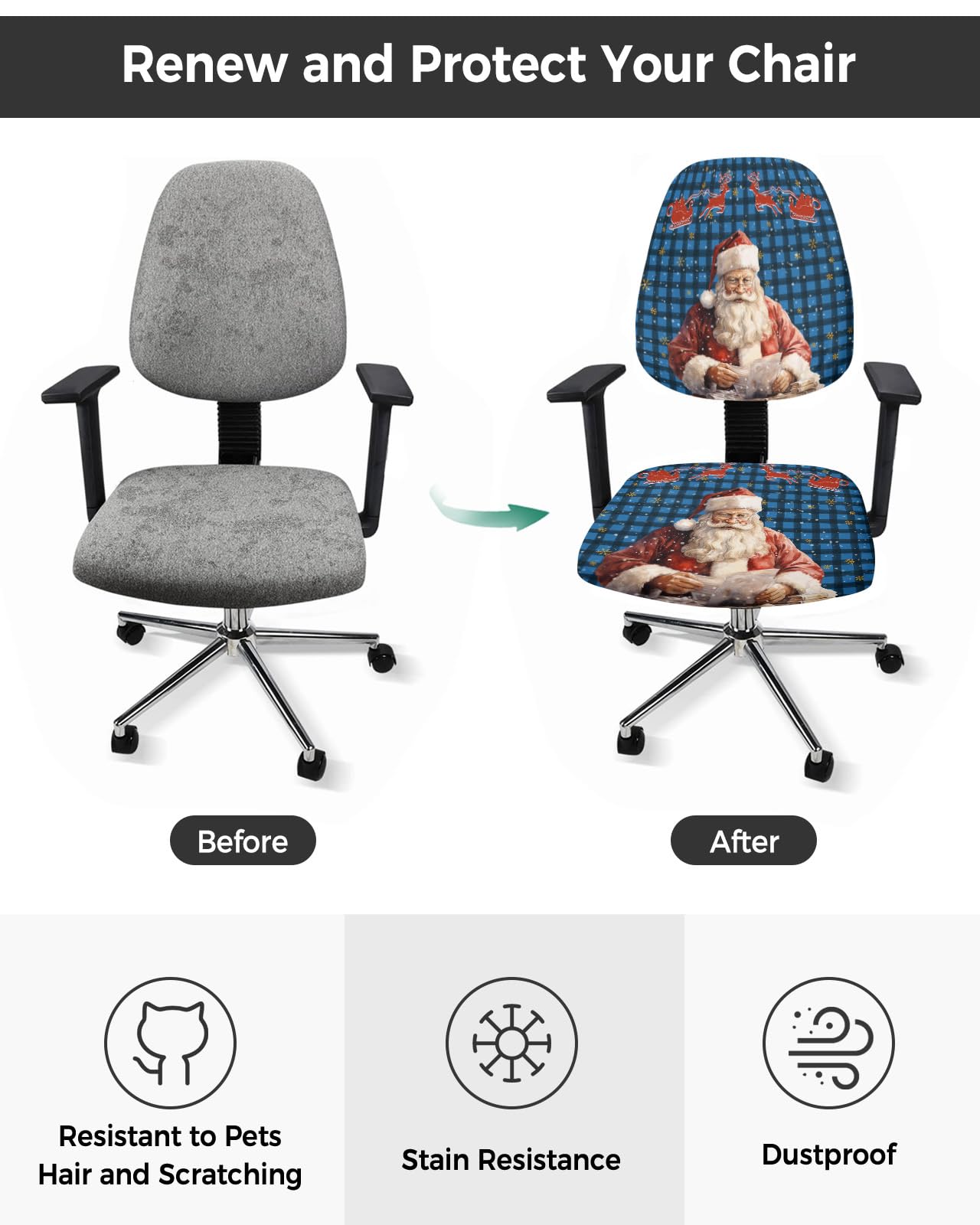 Christmas Santa Office Chair Cover Stretchable Computer Chair Seat Cover Backrest Slipcovers, Stretchable Rotating Desk Chair Seat Cushion Split Protectors Elk Buffalo Plaid Check Blue Snowflake