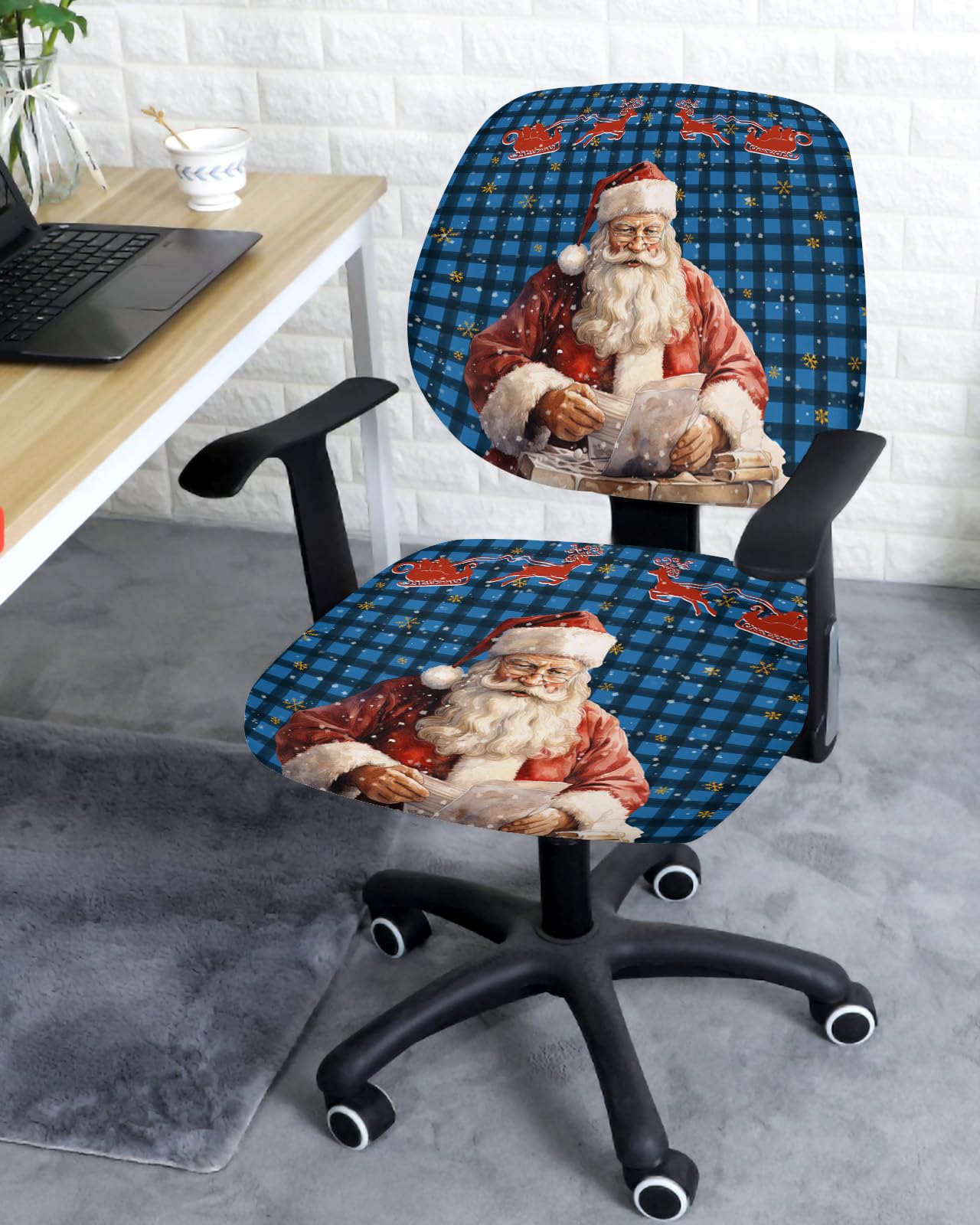 Christmas Santa Office Chair Cover Stretchable Computer Chair Seat Cover Backrest Slipcovers, Stretchable Rotating Desk Chair Seat Cushion Split Protectors Elk Buffalo Plaid Check Blue Snowflake
