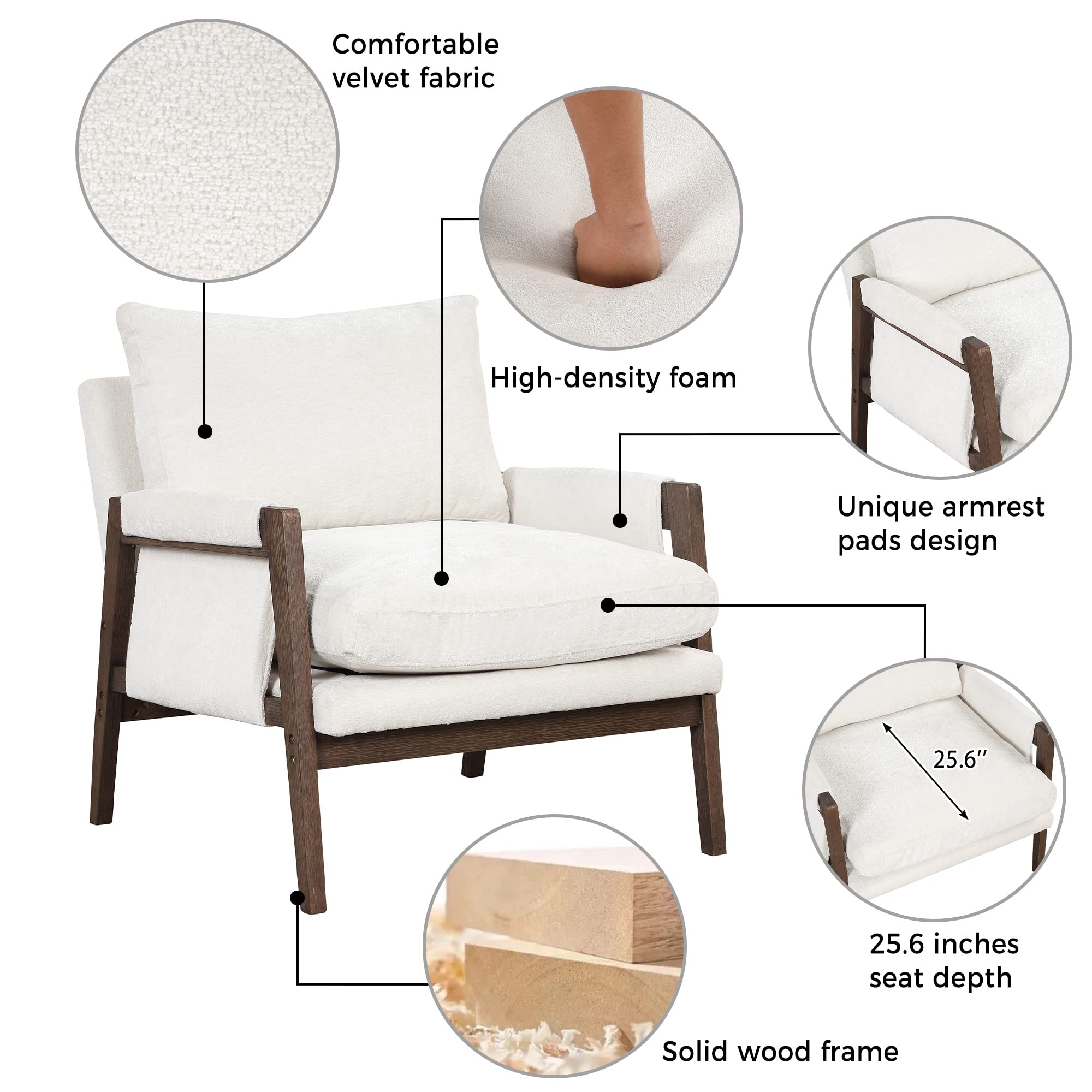 LIADTOP Mid Century Modern, Velvet Upholstered Accent Rubber Wood Frame,Comfy Reading Chair for Bedroom,Single Armchair for Living Room Office Apartment,White