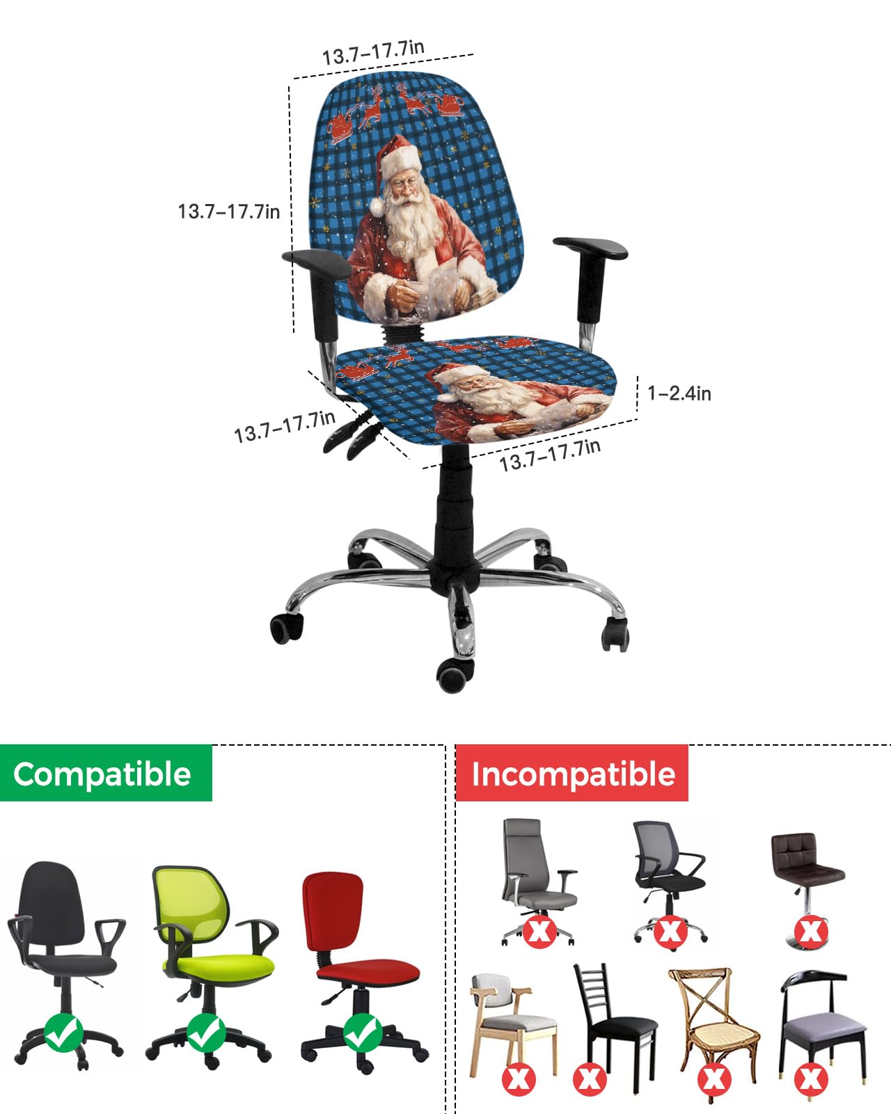 Christmas Santa Office Chair Cover Stretchable Computer Chair Seat Cover Backrest Slipcovers, Stretchable Rotating Desk Chair Seat Cushion Split Protectors Elk Buffalo Plaid Check Blue Snowflake