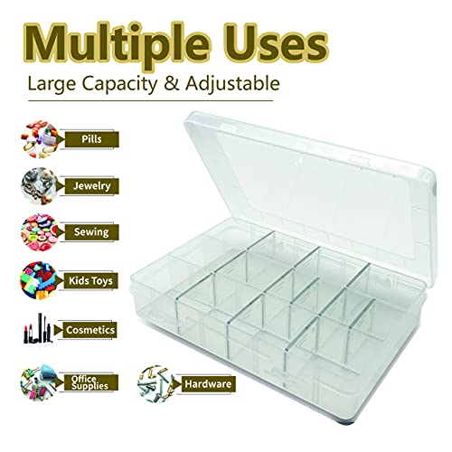 JIUMEI Plastic Storage Box 14 Grids with Removable Dividers Clear Small Parts Organizer Box Adjustable Compartments Container for Bead Jewelry Screw Sewing