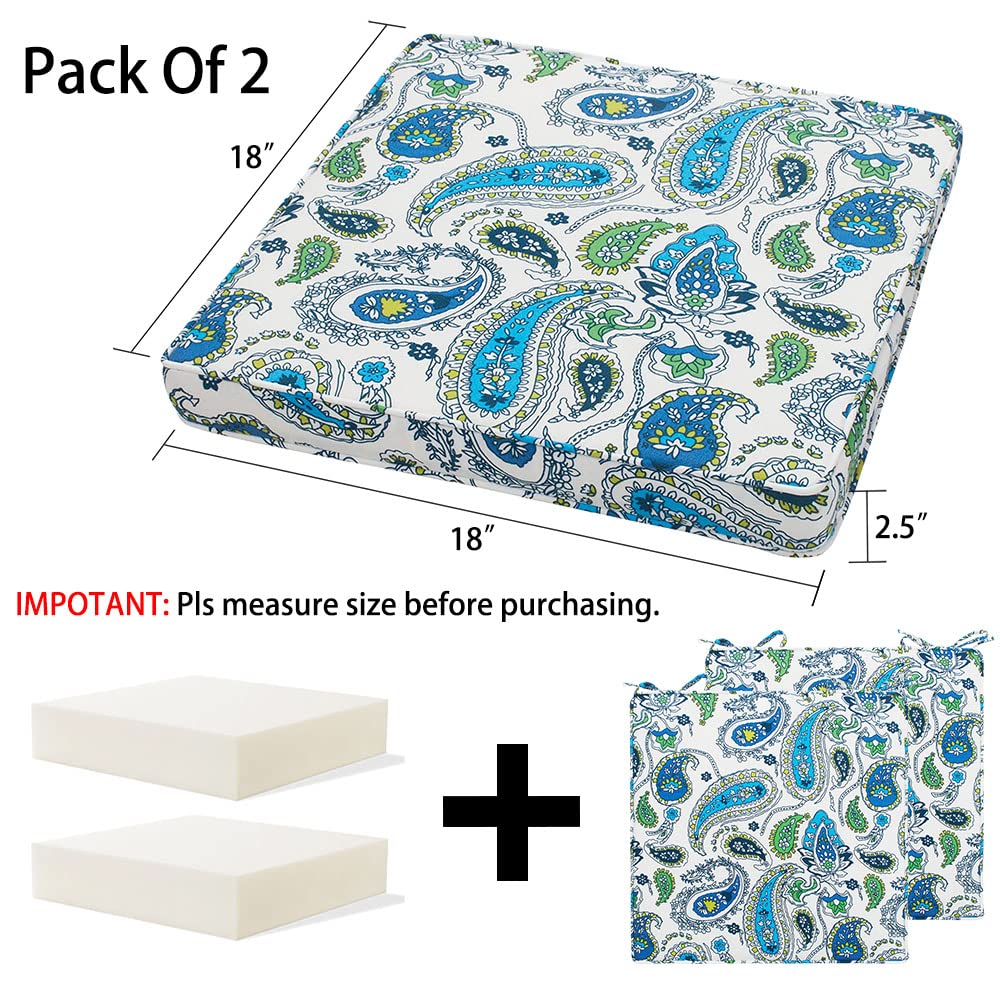 Magpie Fabrics Indoor Outdoor Waterproof Square Chair Cushion, 18" x 18" x 2.5", 2 Pack, Water Resistant Seat Cushions, for Patio Garden Office, Paisley Blue