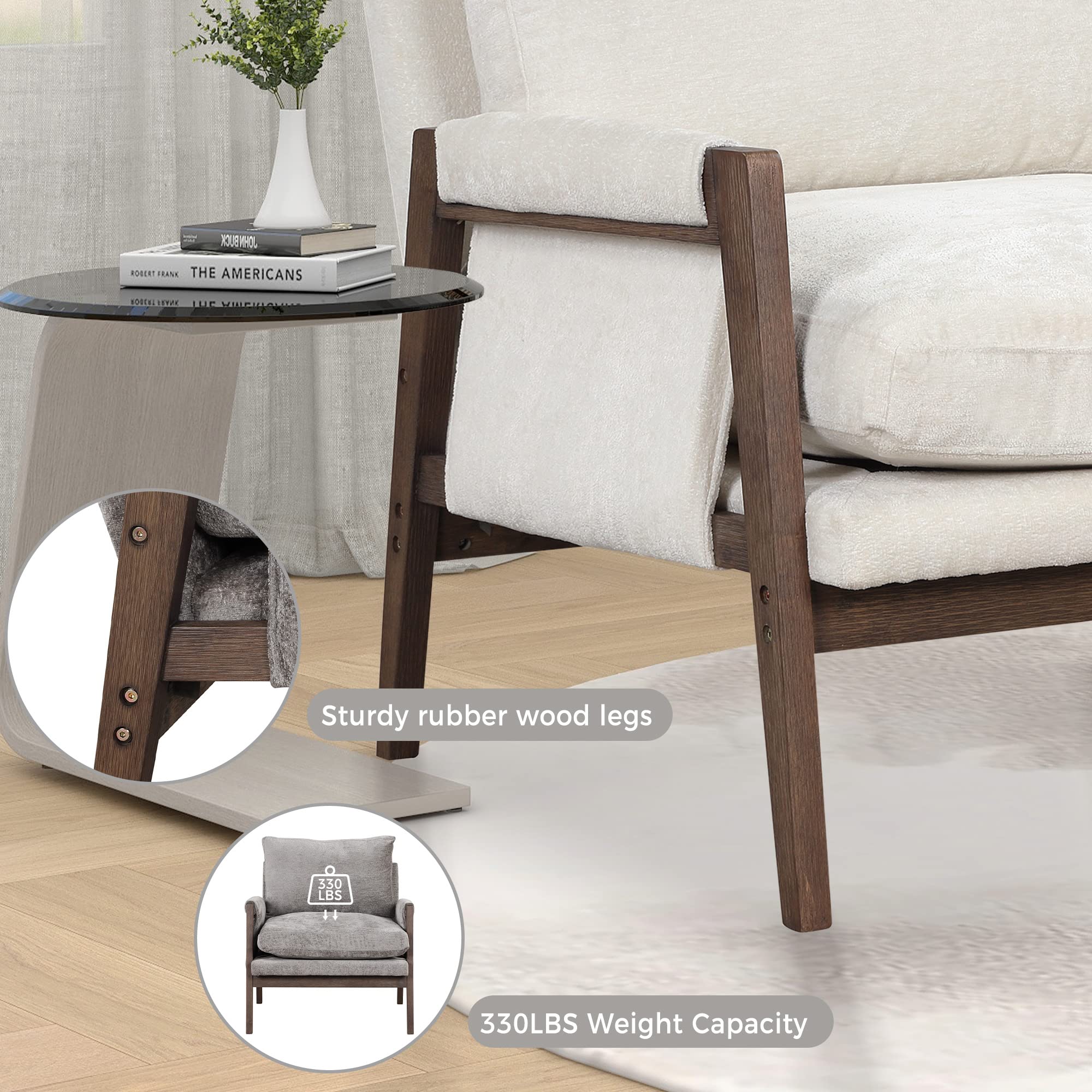 LIADTOP Mid Century Modern, Velvet Upholstered Accent Rubber Wood Frame,Comfy Reading Chair for Bedroom,Single Armchair for Living Room Office Apartment,White