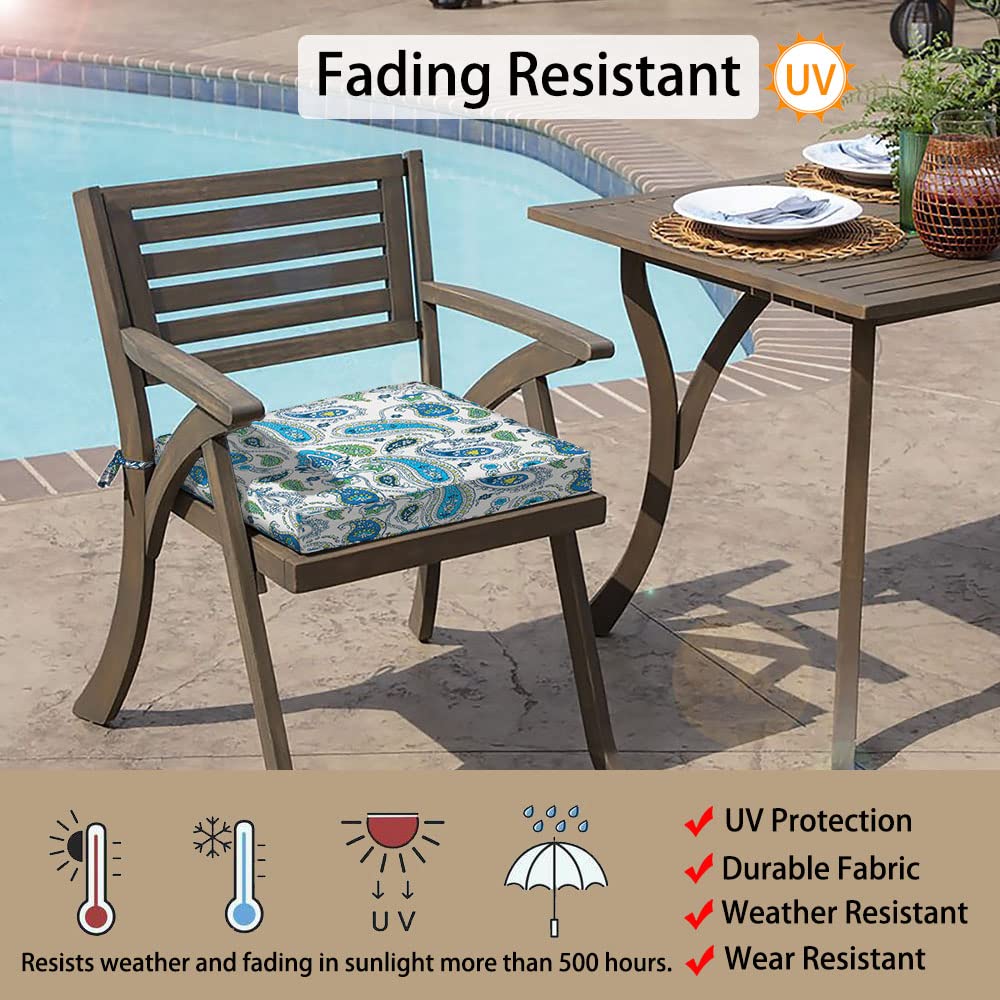 Magpie Fabrics Indoor Outdoor Waterproof Square Chair Cushion, 18" x 18" x 2.5", 2 Pack, Water Resistant Seat Cushions, for Patio Garden Office, Paisley Blue