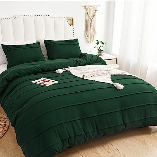 Argstar 3 Pieces Pleated Duvet Cover Queen Set, Forest Green Boho Textured Duvet Cover, 100% Washed Microfiber Soft Striped Comforter Cover With Zipper & Ties (1 Dark Green Duvet Cover, 2 Pillowcases)