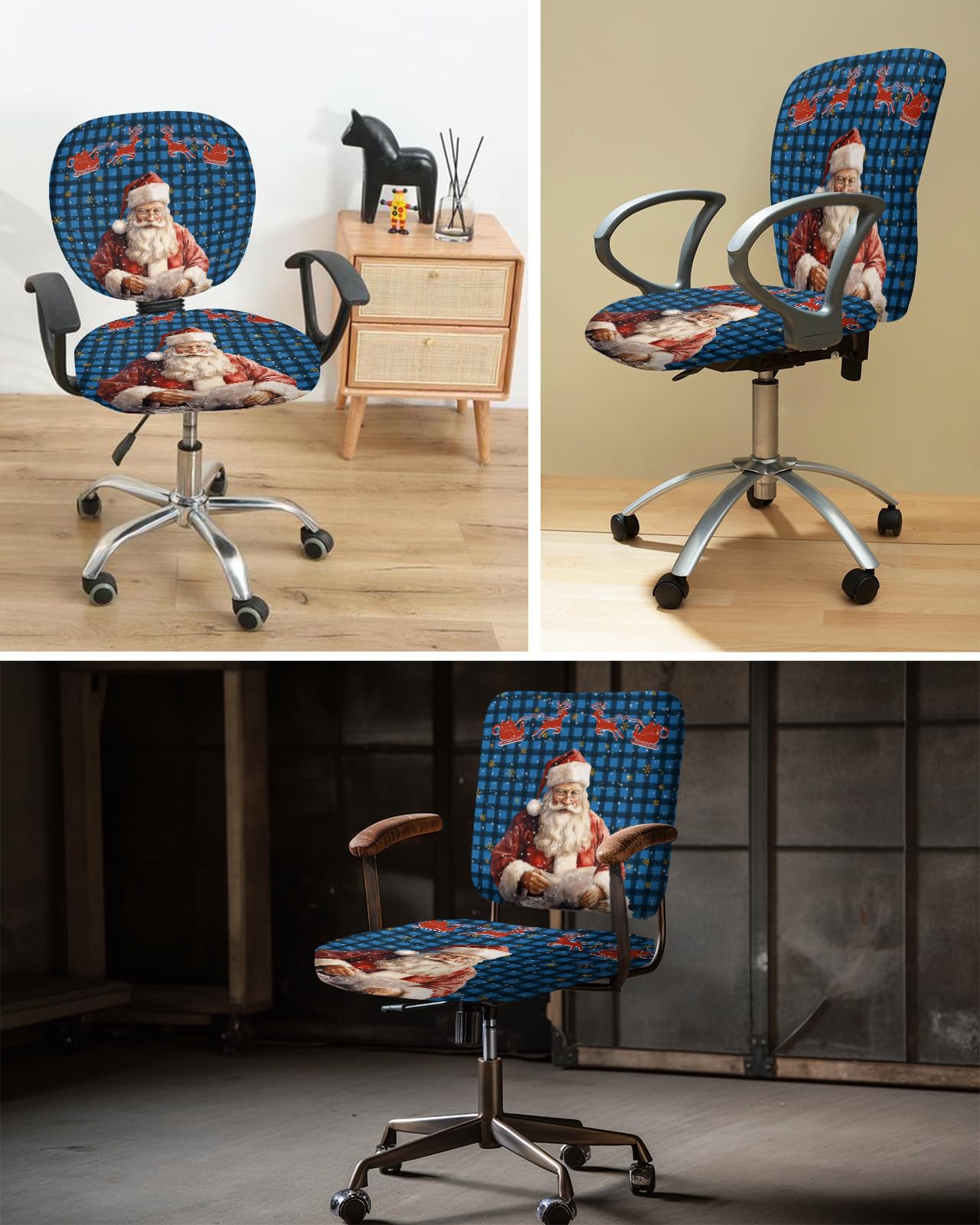 Christmas Santa Office Chair Cover Stretchable Computer Chair Seat Cover Backrest Slipcovers, Stretchable Rotating Desk Chair Seat Cushion Split Protectors Elk Buffalo Plaid Check Blue Snowflake
