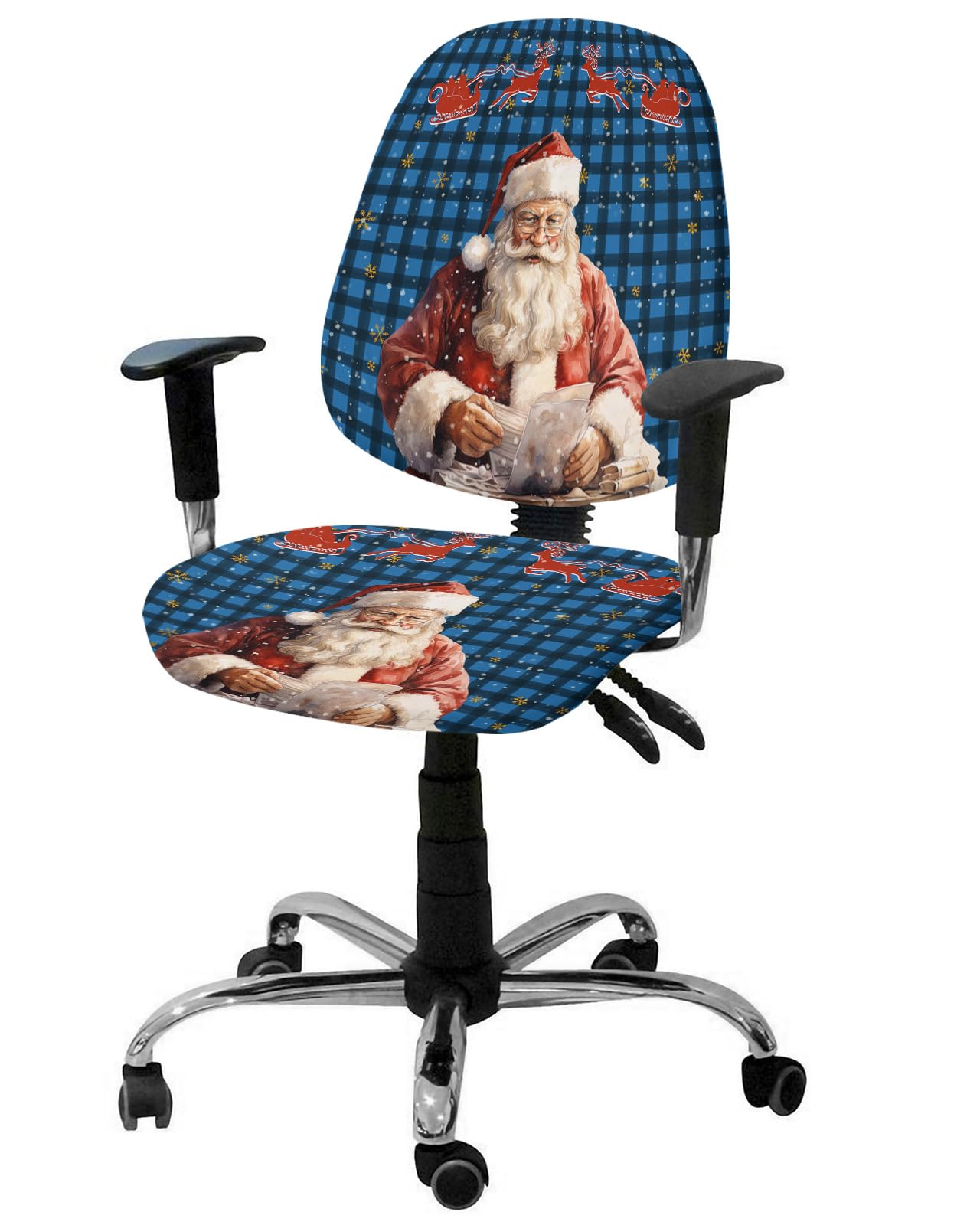 Christmas Santa Office Chair Cover Stretchable Computer Chair Seat Cover Backrest Slipcovers, Stretchable Rotating Desk Chair Seat Cushion Split Protectors Elk Buffalo Plaid Check Blue Snowflake