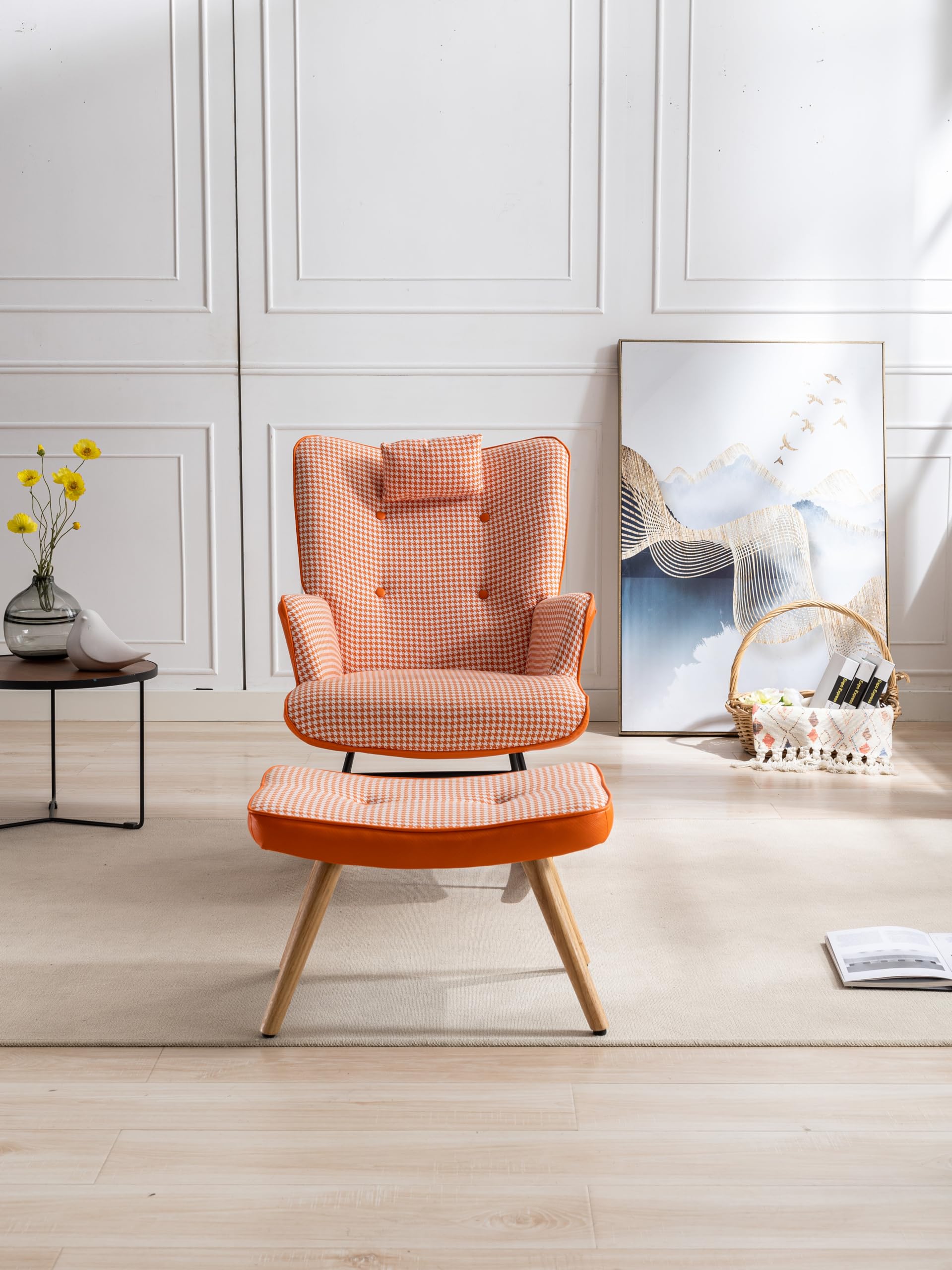 Tiophome Rocking Chair Nursery, Upholstered Glider Rocker Accent Chairs Padded Seat with High Backrest, Comfy Side Armchair for Nursing, Living Room, Bedroom, Office, Linen/Leather, Houndstooth Orange
