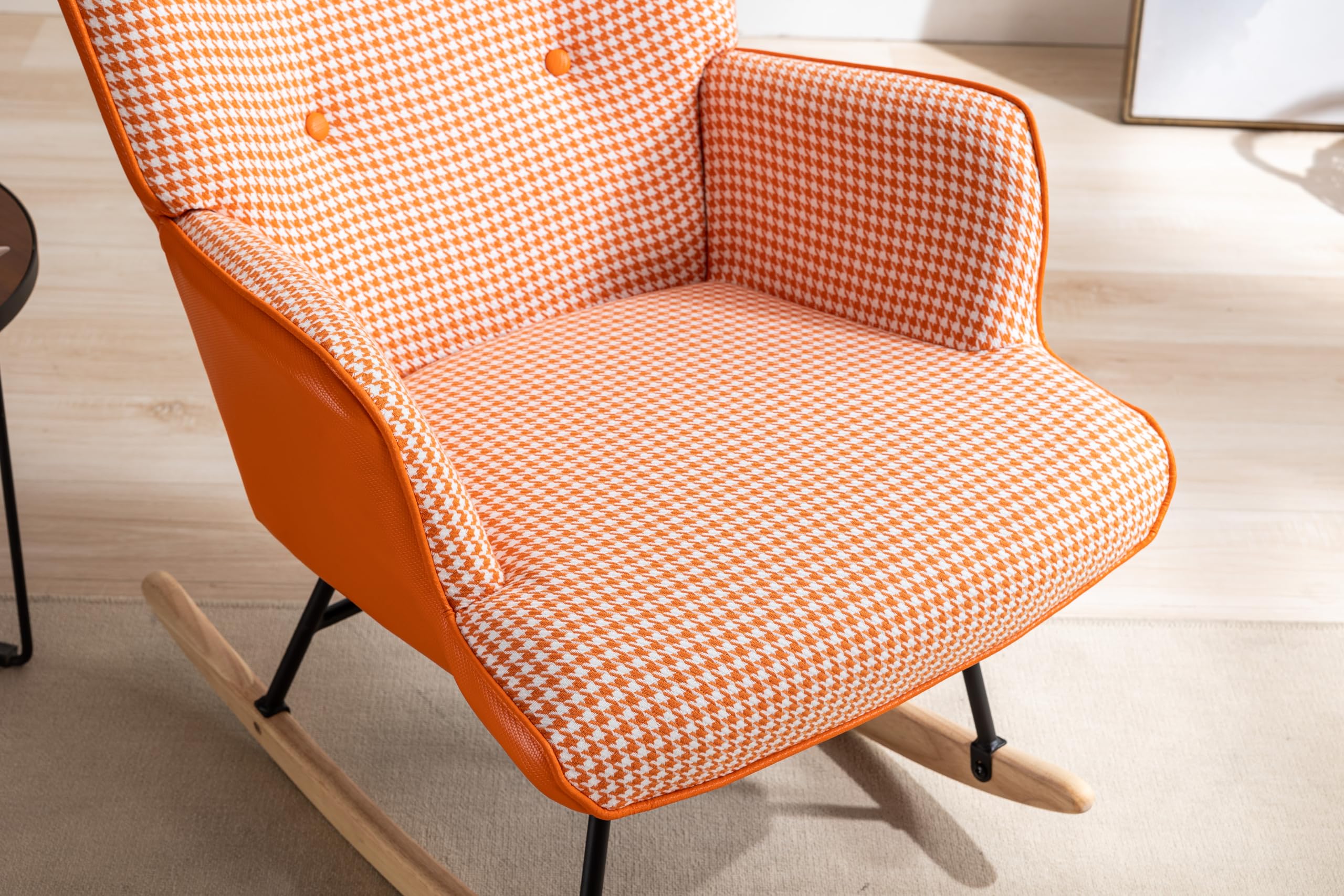 Tiophome Rocking Chair Nursery, Upholstered Glider Rocker Accent Chairs Padded Seat with High Backrest, Comfy Side Armchair for Nursing, Living Room, Bedroom, Office, Linen/Leather, Houndstooth Orange
