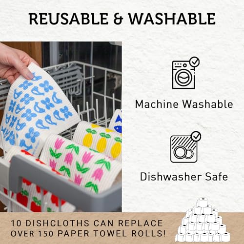 Nordhus Design Swedish Dishcloths for Kitchen, 10 Cloths, Made in Sweden - Reusable, Washable Cellulose Cotton Kitchen Cloths - Replace Paper Towels, Wipes, Sponges, Dish Rags