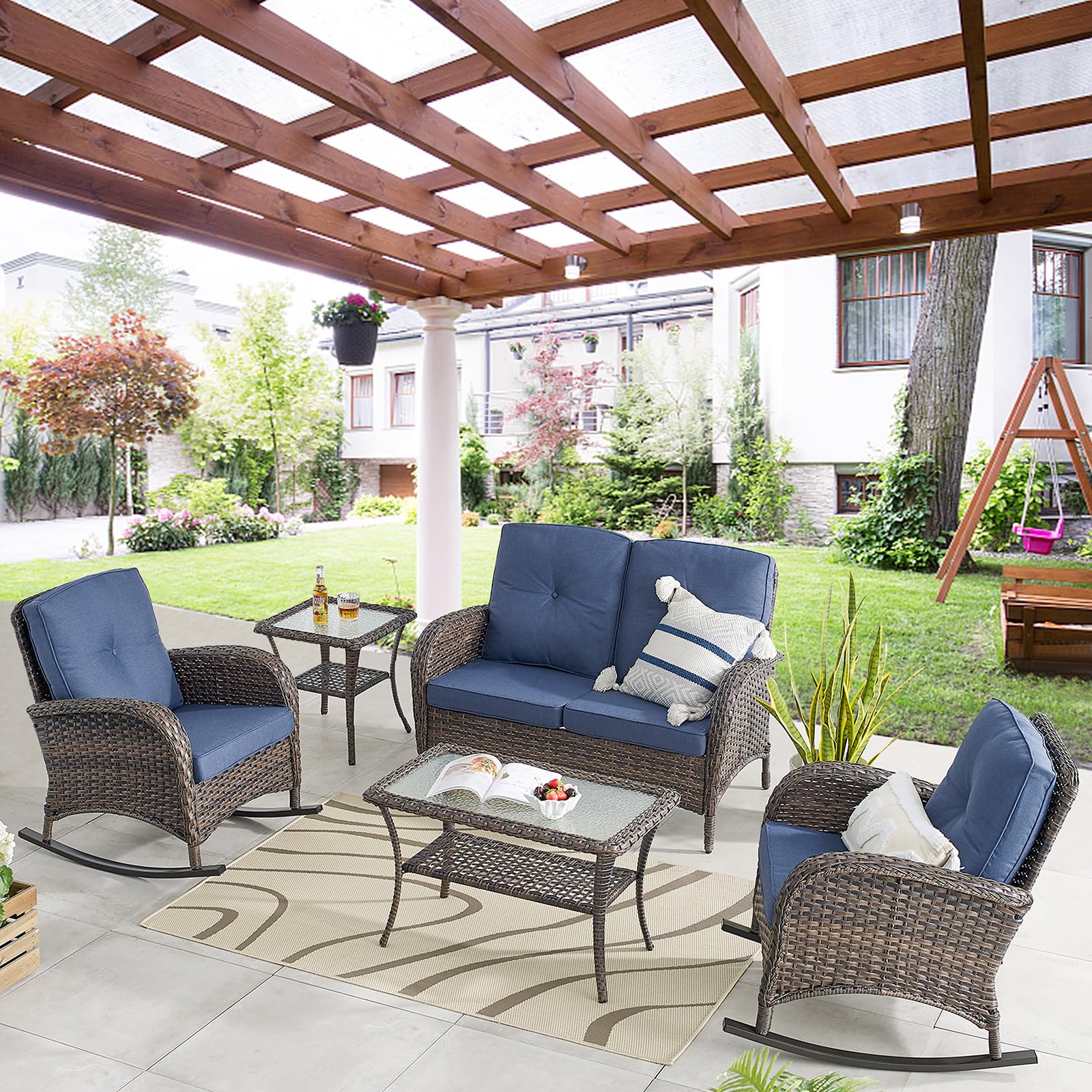 Belord Wicker Porch Rocking Chairs - 3 Pieces Patio Bistro Set High Back Outdoor Rocker Chairs Set with Side Table for Deck Balcony Brown