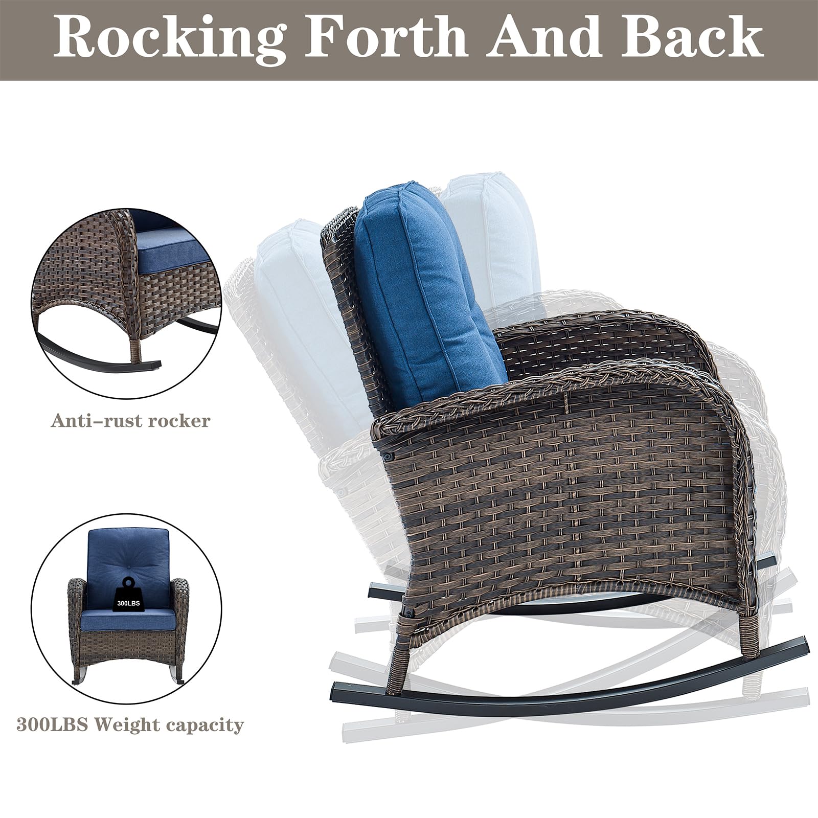 Belord Wicker Porch Rocking Chairs - 3 Pieces Patio Bistro Set High Back Outdoor Rocker Chairs Set with Side Table for Deck Balcony Brown