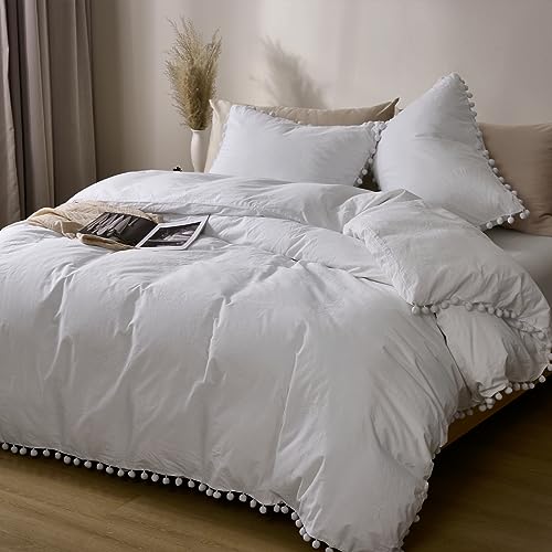 PHF 100% Washed Cotton Duvet Cover Queen Size, Ultra Soft Cotton Pom Pom Linen Like Duvet Cover Set, 3pcs Breathable Durable Duvet Cover with Pillowcases for All Seasons, 90"x90", White
