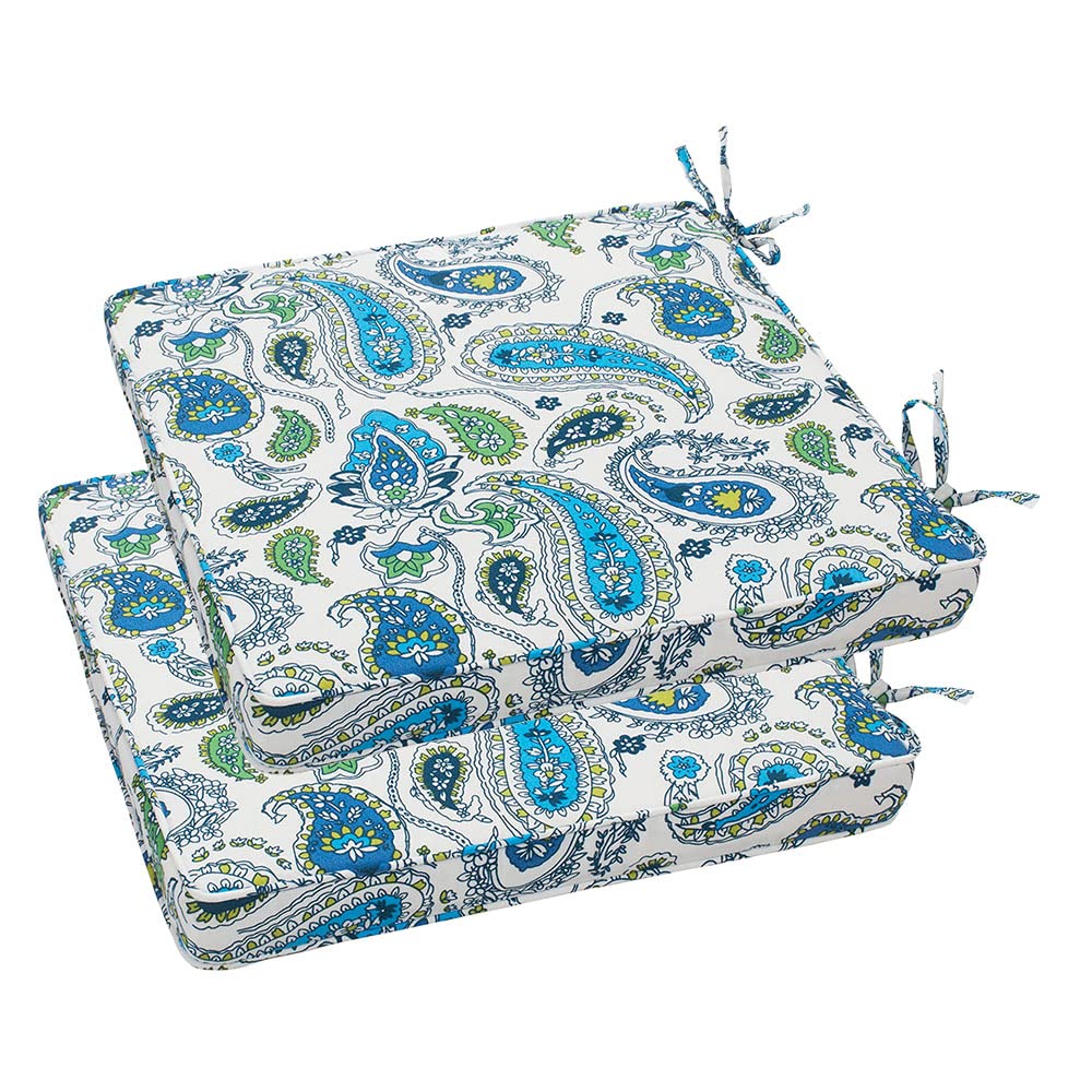 Magpie Fabrics Indoor Outdoor Waterproof Square Chair Cushion, 18" x 18" x 2.5", 2 Pack, Water Resistant Seat Cushions, for Patio Garden Office, Paisley Blue