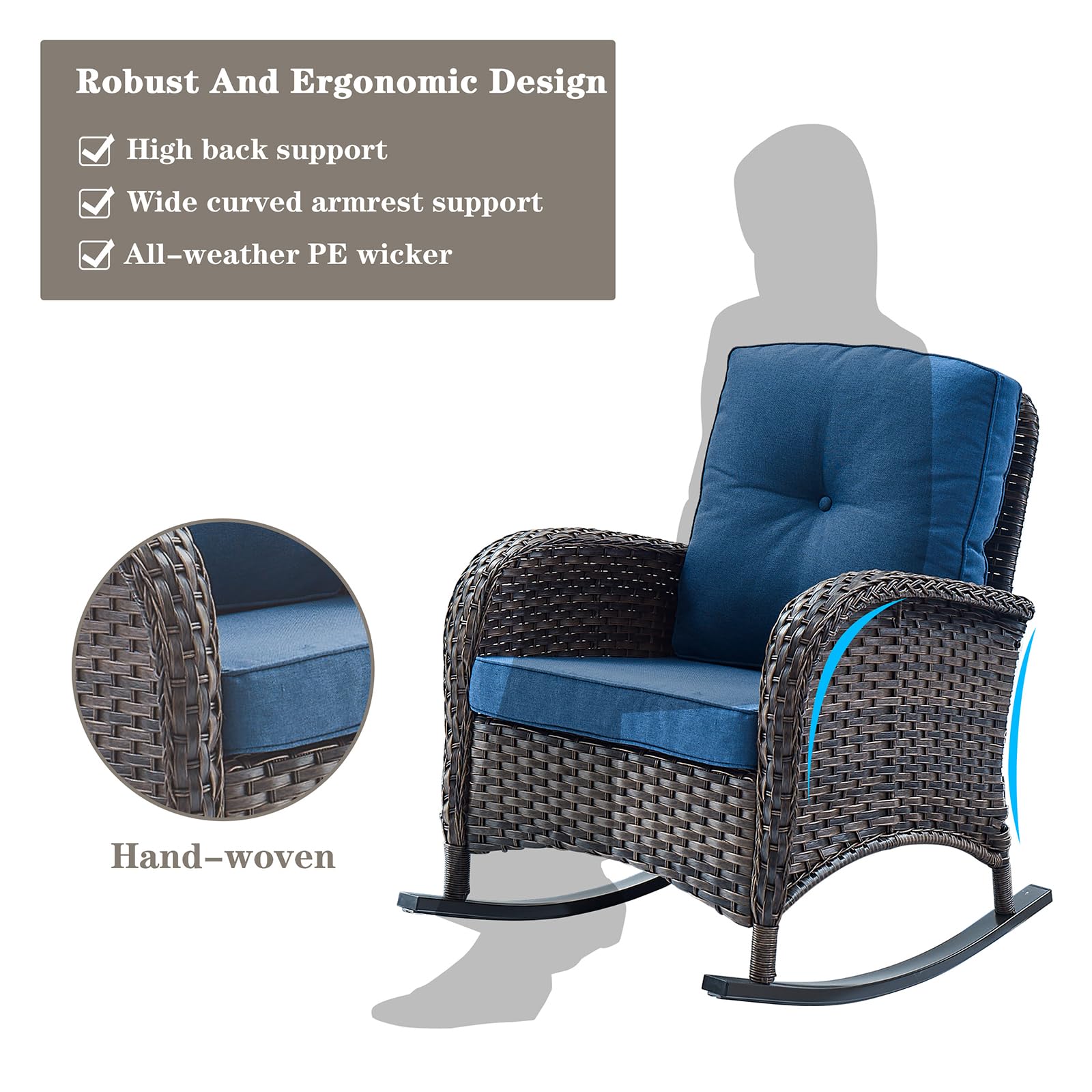 Belord Wicker Porch Rocking Chairs - 3 Pieces Patio Bistro Set High Back Outdoor Rocker Chairs Set with Side Table for Deck Balcony Brown