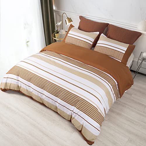 PHF Washed Soft Duvet Cover Set King Size, 3PCS Stylish Stripe Comforter Cover Set, Ultra Soft Comfy Durable Farmhouse Duvet Cover with Pillow Shams Bedding Collection, 104" x 90", Brick Red & White