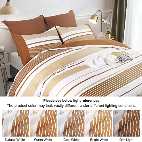 PHF Washed Soft Duvet Cover Set King Size, 3PCS Stylish Stripe Comforter Cover Set, Ultra Soft Comfy Durable Farmhouse Duvet Cover with Pillow Shams Bedding Collection, 104" x 90", Brick Red & White