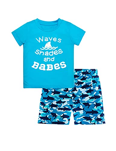 MOMMY'S NEW MAN Infant Toddler Baby boy Summer Clothes Waves Shades and Babes Print Blue Short Sleeve Tops and Shark Short Pants Outfits (Blue Shark, 3T)