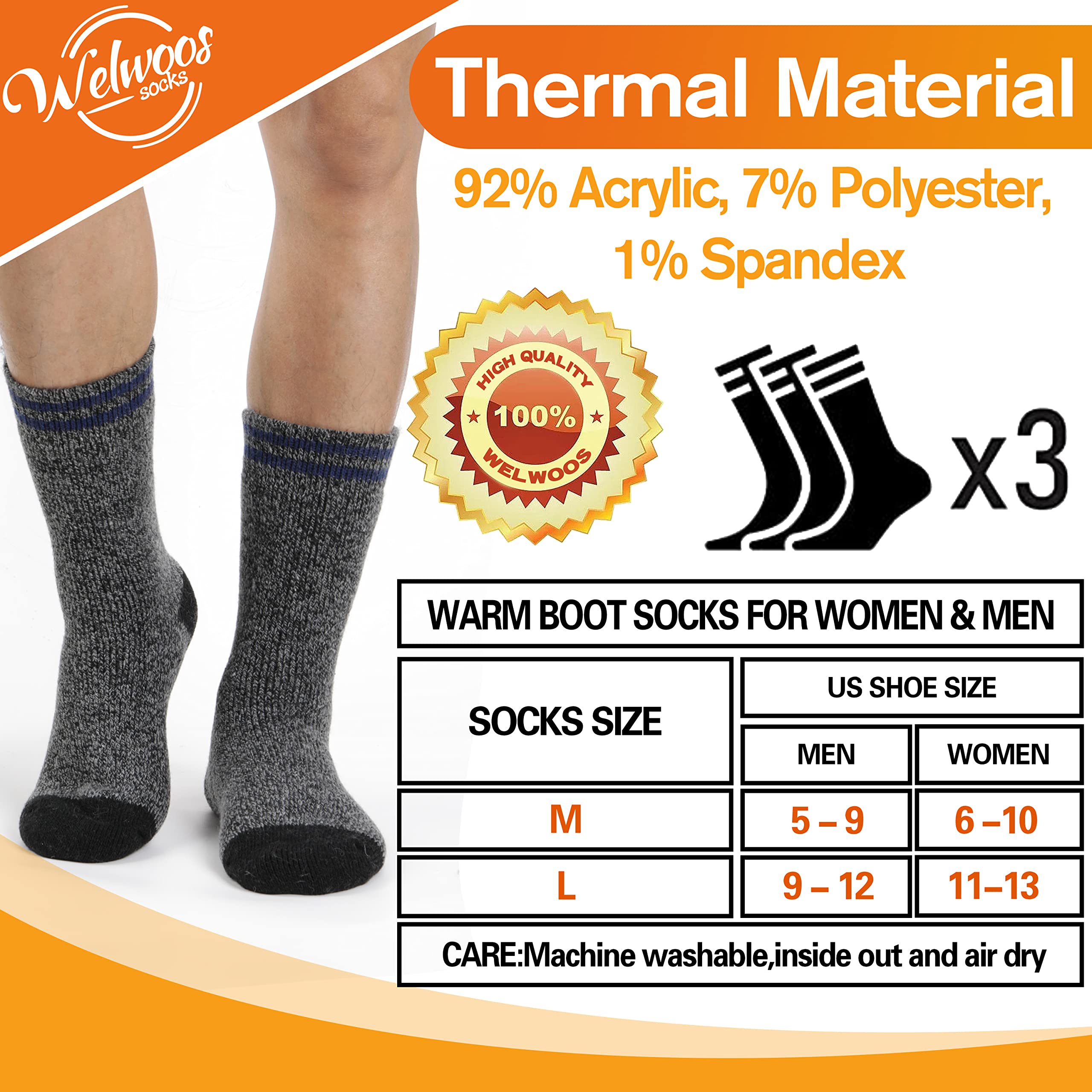 Welwoos Heated Thermal Socks for Men & Women Warm Winter Ski Thick Boot Insulated Gift Stocking Stuffers Socks 3 Pairs (Stripe A,M)