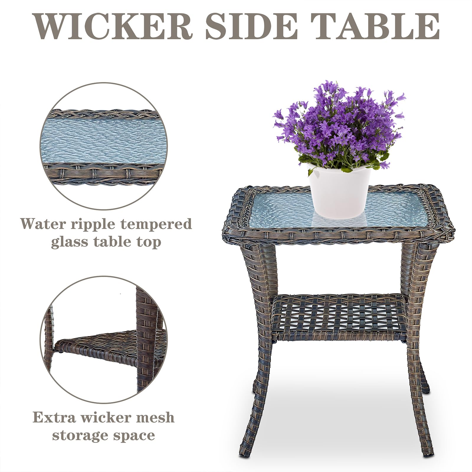 Belord Wicker Porch Rocking Chairs - 3 Pieces Patio Bistro Set High Back Outdoor Rocker Chairs Set with Side Table for Deck Balcony Brown