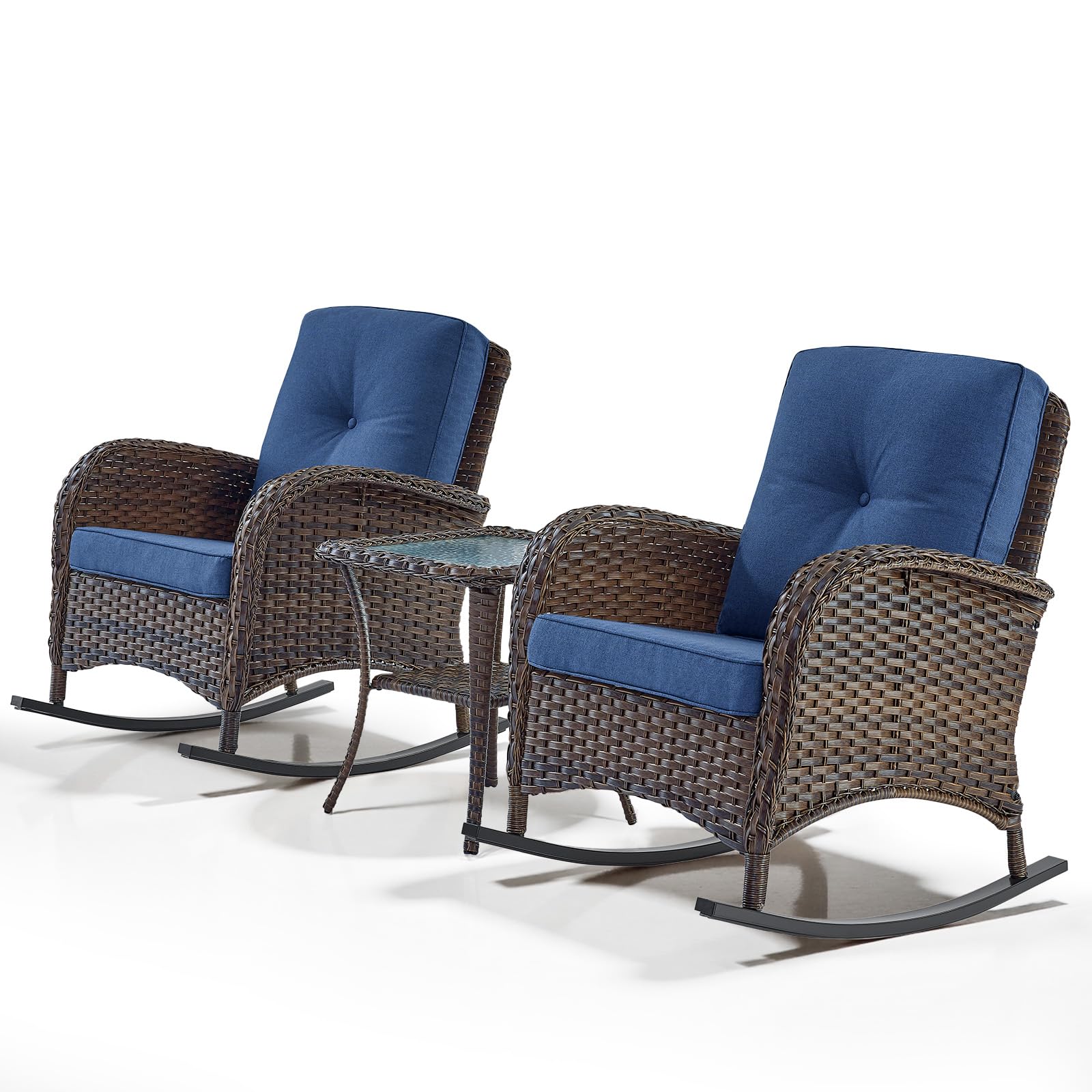 Belord Wicker Porch Rocking Chairs - 3 Pieces Patio Bistro Set High Back Outdoor Rocker Chairs Set with Side Table for Deck Balcony Brown