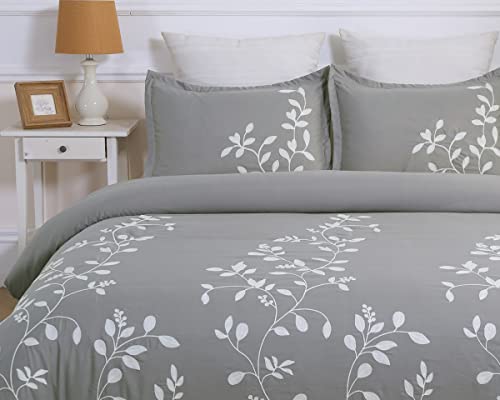 Dykoos Embroidered Soft Brushed Microfiber Duvet Cover Set, Floral Branches, Gray and White, King Size with Zipper Closure and Corner Ties, 1 Duvet Cover and 2 Pillow Shams