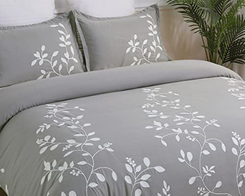 Dykoos Embroidered Soft Brushed Microfiber Duvet Cover Set, Floral Branches, Gray and White, King Size with Zipper Closure and Corner Ties, 1 Duvet Cover and 2 Pillow Shams