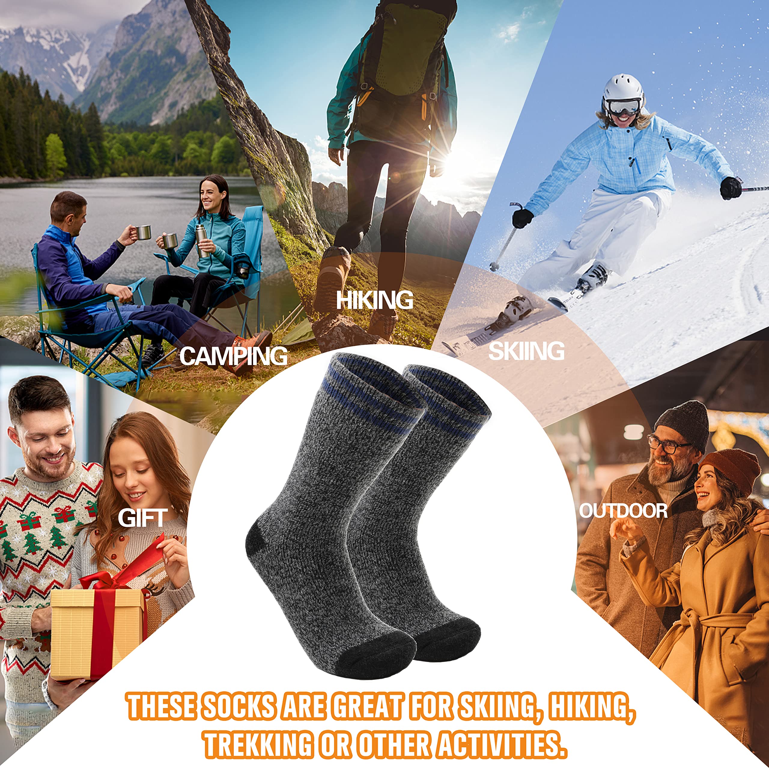 Welwoos Heated Thermal Socks for Men & Women Warm Winter Ski Thick Boot Insulated Gift Stocking Stuffers Socks 3 Pairs (Stripe A,M)