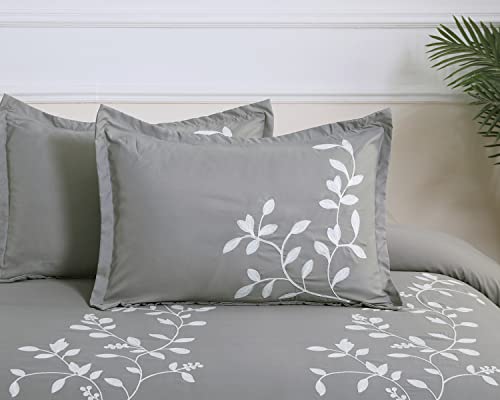 Dykoos Embroidered Soft Brushed Microfiber Duvet Cover Set, Floral Branches, Gray and White, King Size with Zipper Closure and Corner Ties, 1 Duvet Cover and 2 Pillow Shams