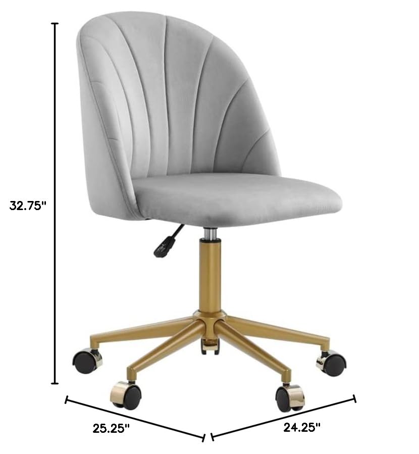 Pemberly Row Upholstered Adjustable Swivel Desk Chair Gold Legs in Light Gray
