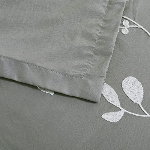 Dykoos Embroidered Soft Brushed Microfiber Duvet Cover Set, Floral Branches, Gray and White, King Size with Zipper Closure and Corner Ties, 1 Duvet Cover and 2 Pillow Shams