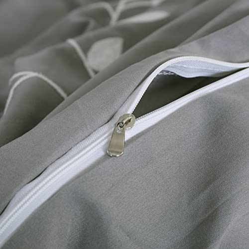 Dykoos Embroidered Soft Brushed Microfiber Duvet Cover Set, Floral Branches, Gray and White, King Size with Zipper Closure and Corner Ties, 1 Duvet Cover and 2 Pillow Shams