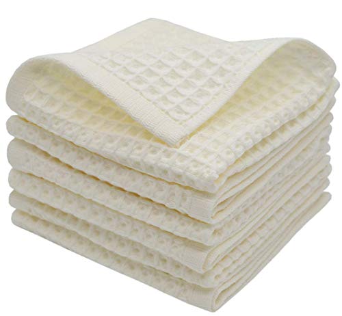 GQZLUCK 100% Natural Cotton Classic Waffle Weave Dish Cloths, Soft Ultra Absorbent Bath Hand FaceTowel, Fast Drying Lightweight Washcloth, Set of 6 (Beige)
