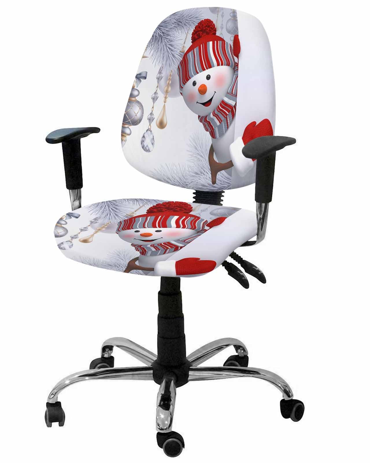 Christmas Snowman Red Office Chair Cover Stretchable Computer Chair Seat Cover Backrest Slipcovers, Stretchable Rotating Desk Chair Seat Cushion Split Protectors Xmas Ball Silver Pine Tree Branch