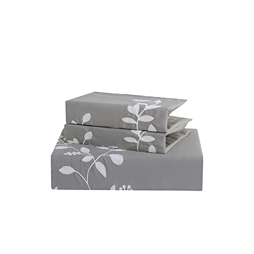 Dykoos Embroidered Soft Brushed Microfiber Duvet Cover Set, Floral Branches, Gray and White, King Size with Zipper Closure and Corner Ties, 1 Duvet Cover and 2 Pillow Shams