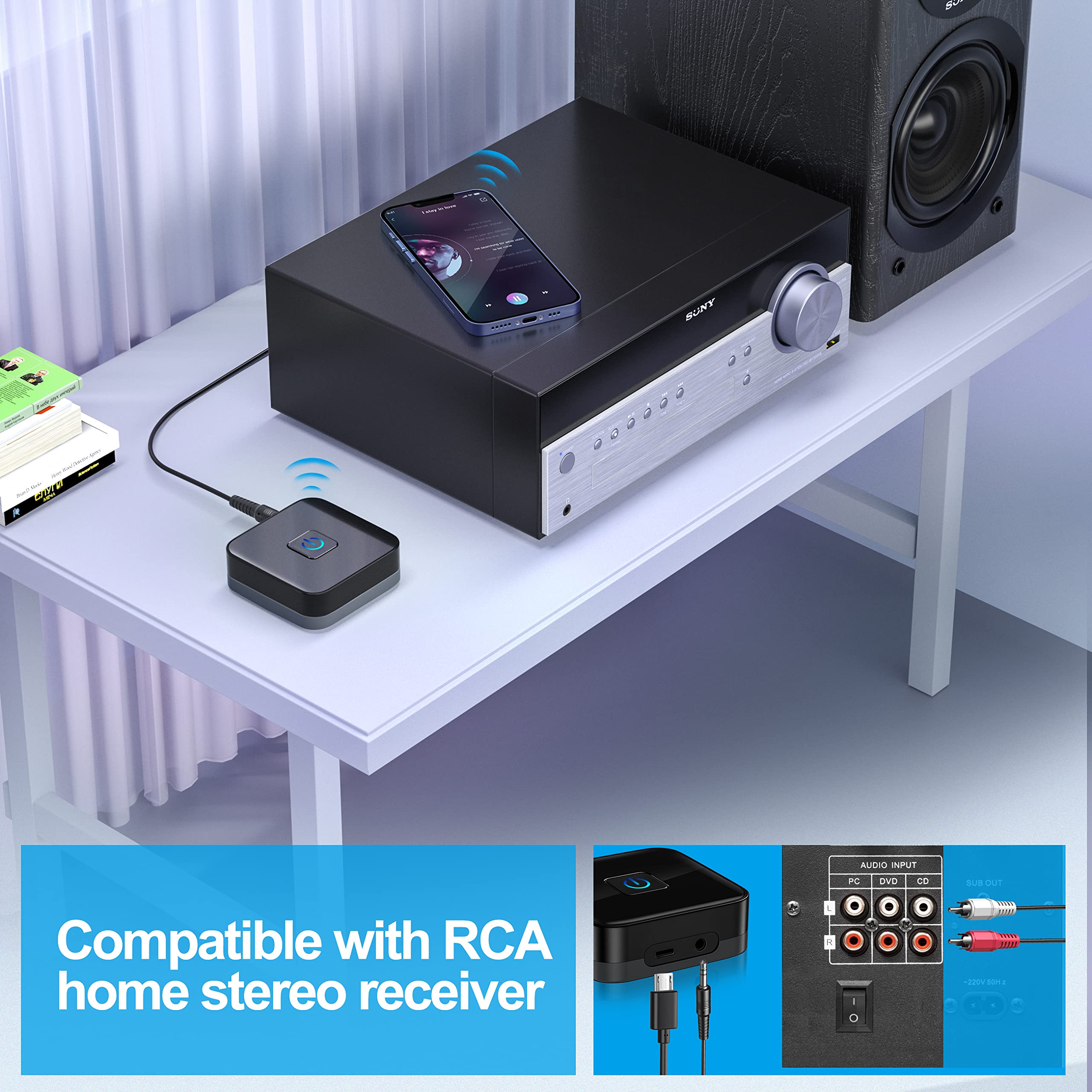 Bluetooth Receiver for Home Stereo, Old Car Speaker, Wired Speaker, 15 Hours Playtime, Dual Connection to 2 Cell Phones, Compatible with 3.5mm AUX RCA Cable
