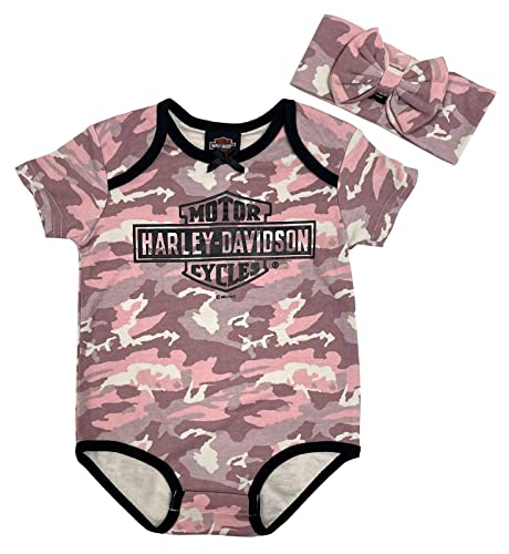 Harley-Davidson Baby Girls' Printed Camo Knit Infant Creeper & Headband (12/18M)
