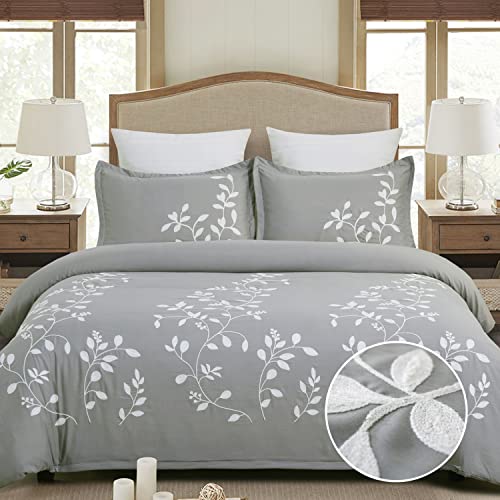 Dykoos Embroidered Soft Brushed Microfiber Duvet Cover Set, Floral Branches, Gray and White, King Size with Zipper Closure and Corner Ties, 1 Duvet Cover and 2 Pillow Shams