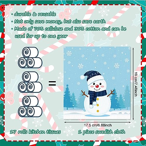 6 Pcs Christmas Swedish Kitchen Dishcloths White Blue Xmas Tree Snowflake Snowman Reindeer Dish Towel Reusable Fast Dry Kitchen Dishcloth for Christmas Winter Baking Cooking, 6.9 x 7.5 Inch