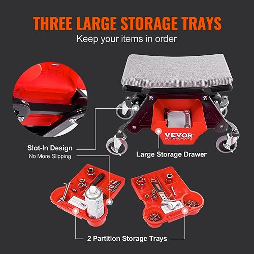 VEVOR Mechanic Stool 300 LBS Capacity Garage Stool Gift for Men, Heavy Duty Rolling Mechanics Seat, with Three Slide Out Tool Trays and Drawer, Tools for Automotive Auto Repair