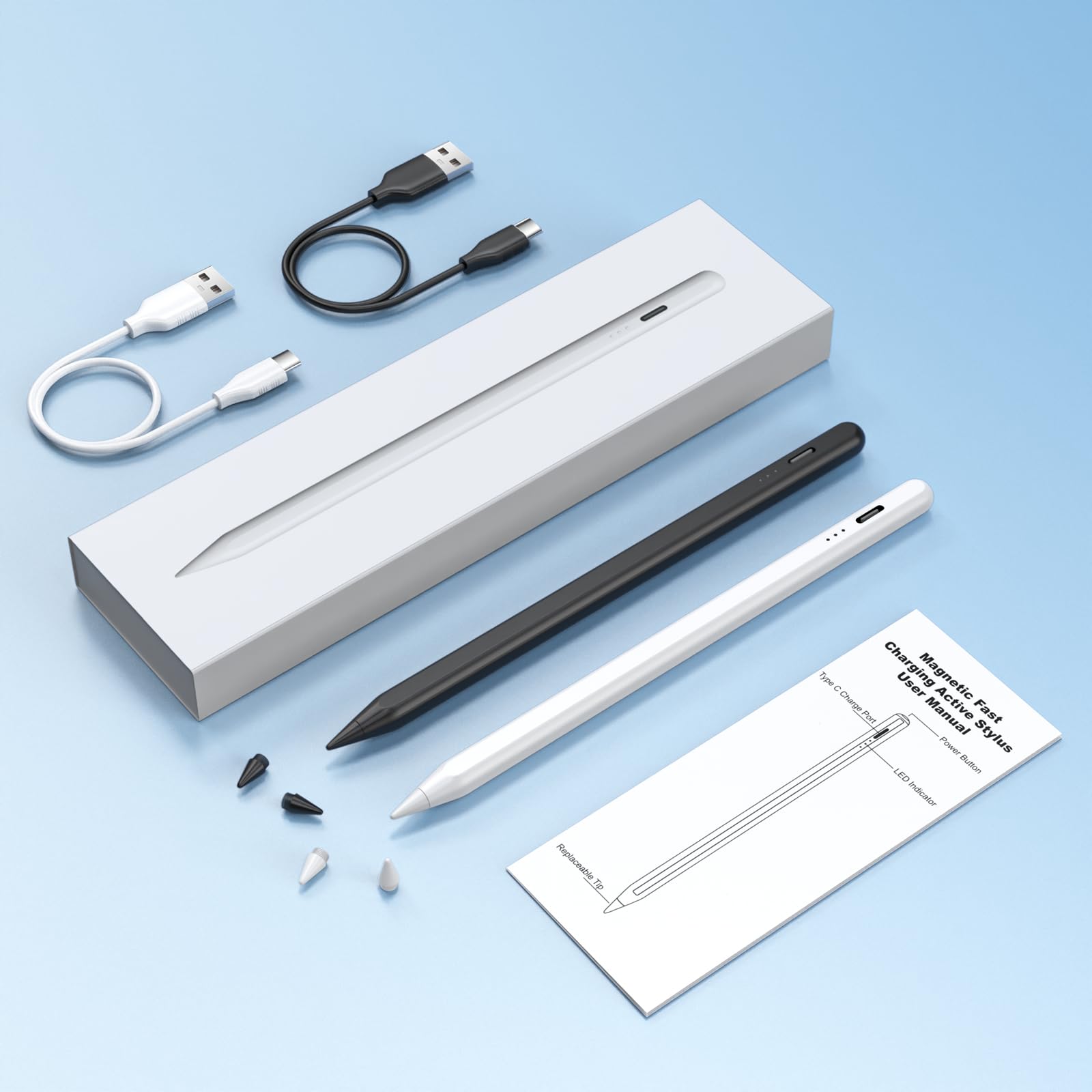 Stylus Pen for iPad W/Palm Rejection Tilt Sensor,13Mins Fully Charged,MEKO Active Apple Pencil iPad Pen Compatible W/iPad 6/7/8/9/10,iPad Pro12.9/11"/M4,iPad Air3/4/5/6,iPad mini5/6(White/Black)