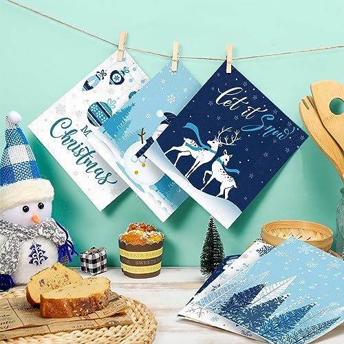 6 Pcs Christmas Swedish Kitchen Dishcloths White Blue Xmas Tree Snowflake Snowman Reindeer Dish Towel Reusable Fast Dry Kitchen Dishcloth for Christmas Winter Baking Cooking, 6.9 x 7.5 Inch