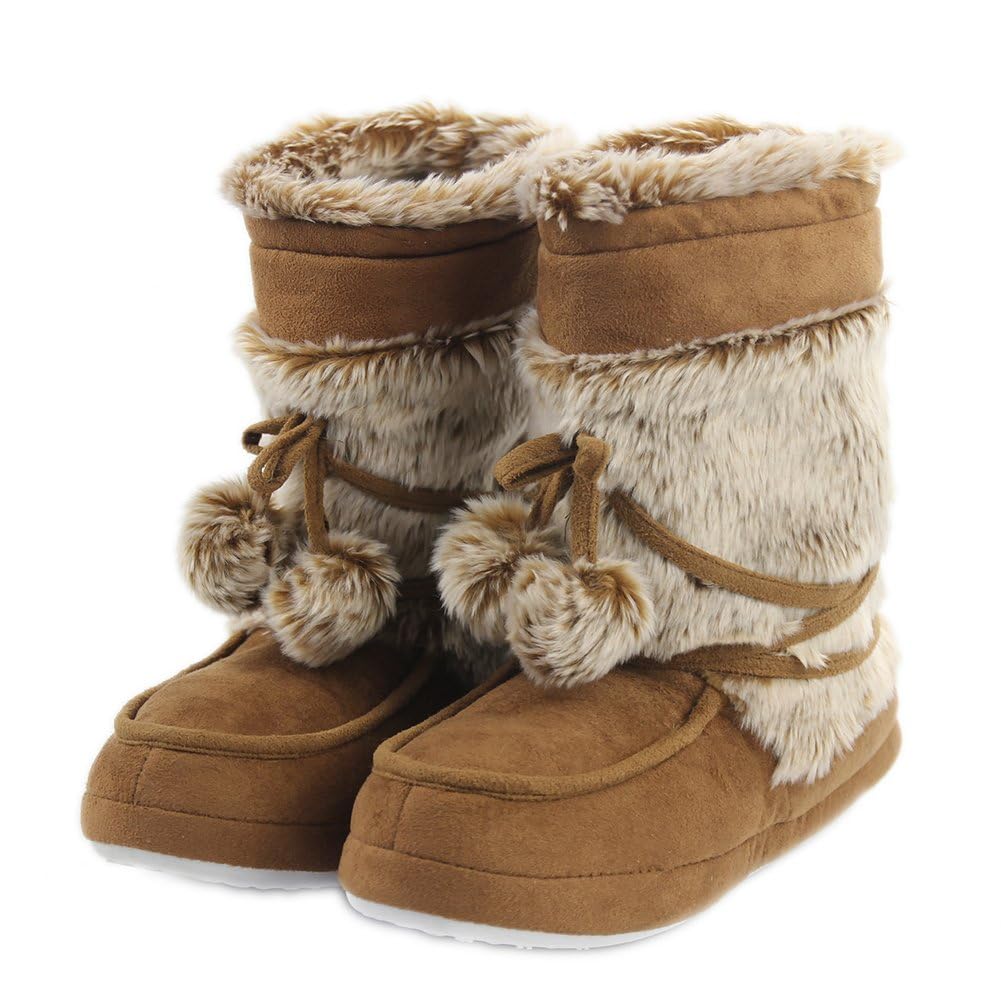 Home Slipper Womens Super Warm with Pom Poms Lined Tall Indoor Room Floor House Boots Slippers Shoes,US 7/8,Khaki